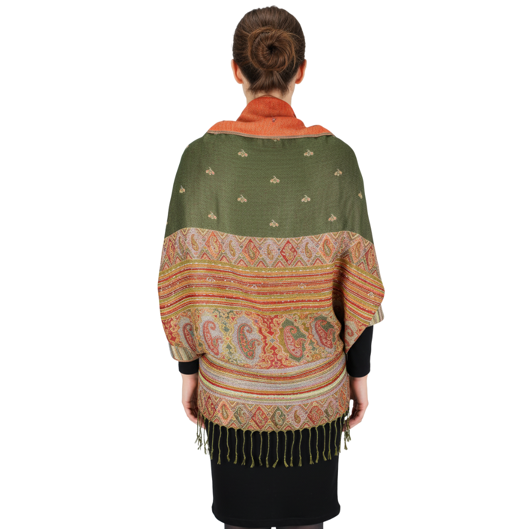 Tribal Border Pashmina Shawl – Reversible Bohemian Wrap Scarf – Peach ...