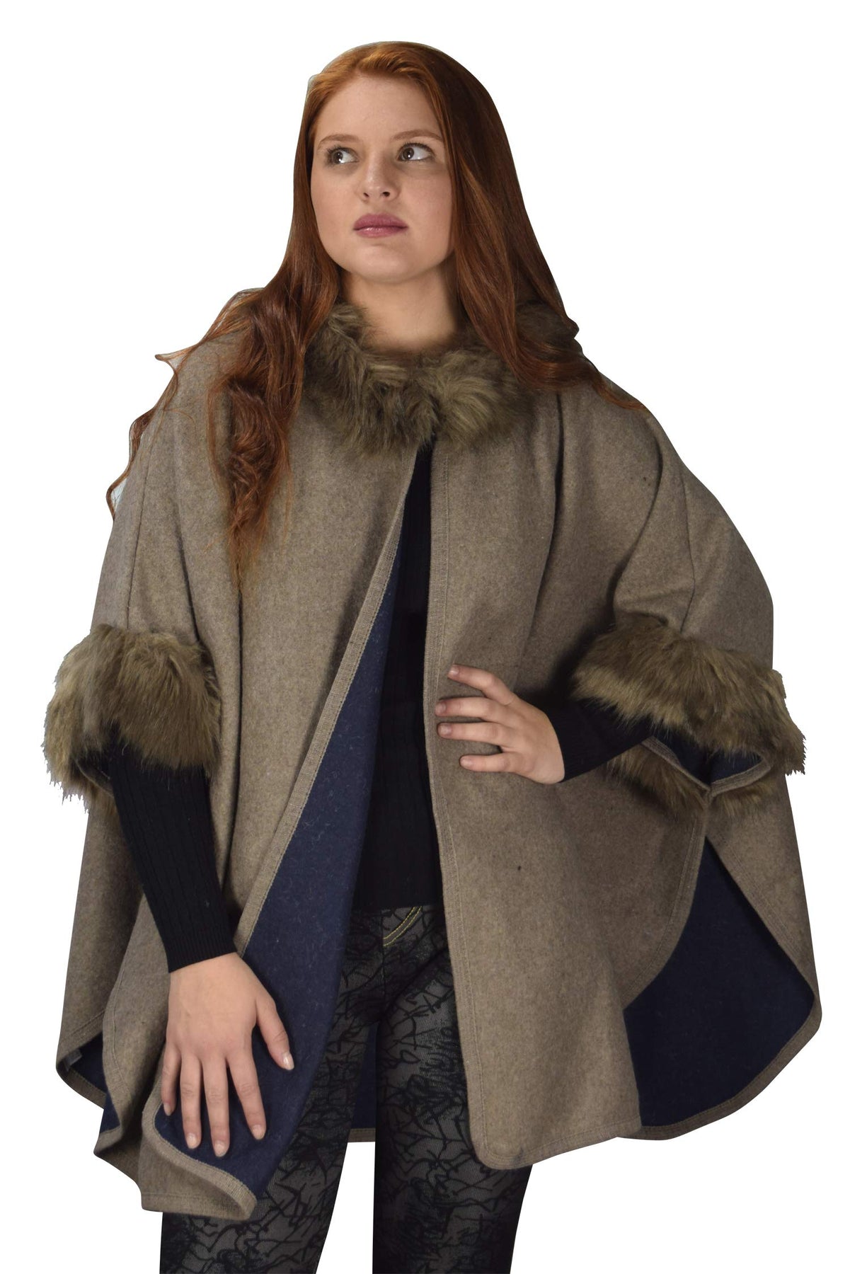 Womens Faux Fur Relaxed Fit Poncho Cape Pullover Sweater – Peach Couture